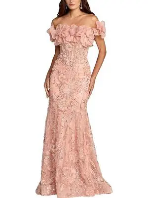 Mac Duggal Off-the-shoulder Mermaid Gown With 3d Floral Embellishments - Blush