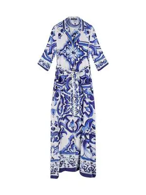 Dolce & Gabbana Silk Long Dress With Maiolica Print - Multicolor