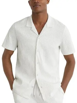 REISS Aleo Short Sleeve Textured Wave Cuban Shirt - White