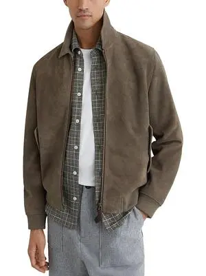 REISS Sainsie Suede Bomber Jacket - Olive Green