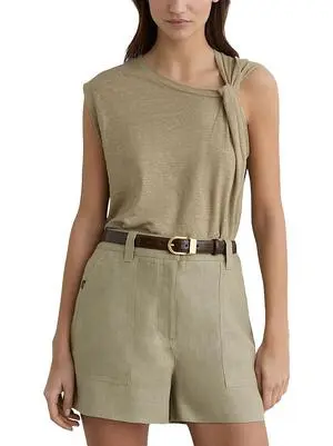 REISS Taylor Linen Knot Detail Top - Green
