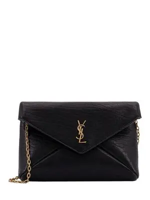Saint Laurent Black Leather Crossbody Bag With Metal Cassandre Logo - Multicolor