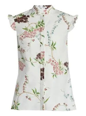 Erdem Floral Cotton Ruffle Mandarin Collar Shirt - White