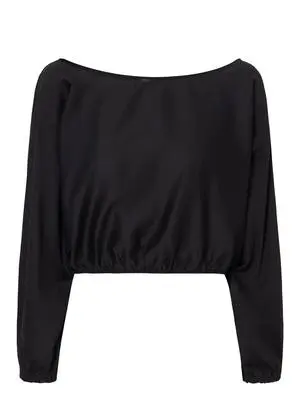 LESET Yoko Cropped Gathered Cotton-poplin Top - Black