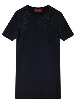 Gucci Short Wool Dress With Gg Crystals - Black