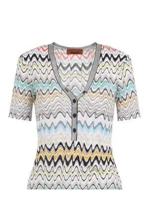 Missoni Short Sleeve V-neck Knit Top With Button Placket - Multicolor