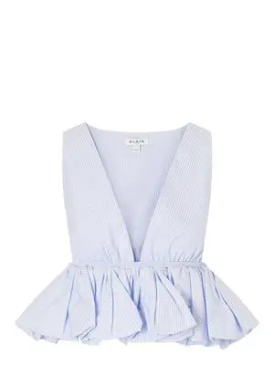 Alaïa Cropped Ruffled Striped Cotton-poplin Blouse - Blue