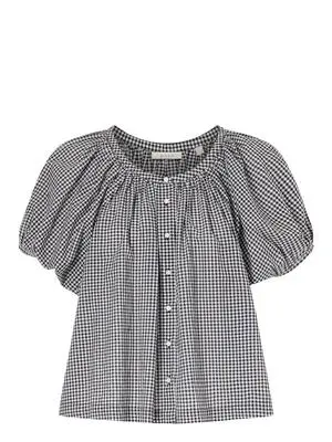 DÔEN June Gathered Checked Cotton Puff Sleeve Blouse - Black