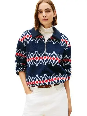 Tommy Hilfiger Fair Isle Print Teddy Fleece Quarter-zip Sweatshirt - Navy Multi