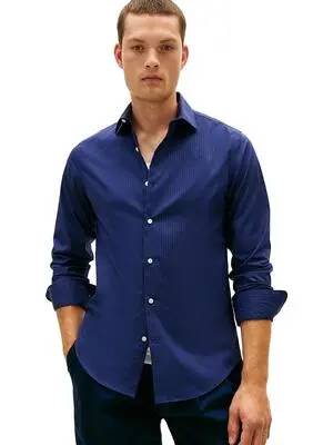Tommy Hilfiger Slim Fit Thflex Mini Check Dress Shirt 17/32 - Navy