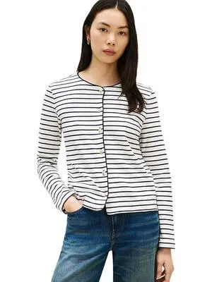 Tommy Hilfiger Striped Cotton Interlock Cardigan T-shirt - Ivory Silk / Navy Stripe
