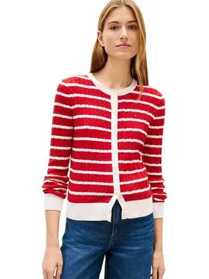 Tommy Hilfiger Striped Cable Knit Cardigan - Red / Ecru Stripe