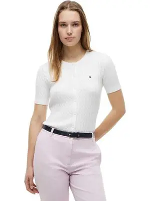 Tommy Hilfiger Short Sleeve Cable Knit Cardigan - Optic White
