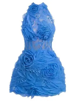 GEMY MAALOUF Halterneck Dress With Floral Appliqu - Blue