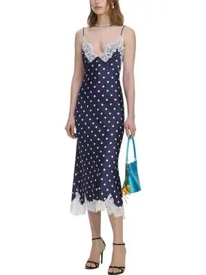 SELF-PORTRAIT Polka-dot Lace-trim Midi Dress - Blue