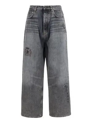 Balenciaga Tattoo Baggy Cotton Denim Pants - Gray