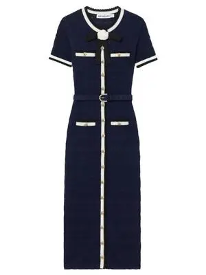 SELF-PORTRAIT Self-Portrait Knit Midi Dress With Contrast Trims And Floral Corsage Navy