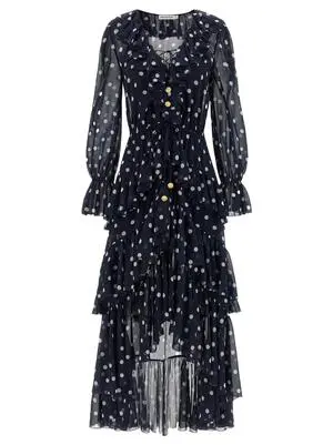 SELF-PORTRAIT Polka Dot Georgette Ruffled Maxi Dress - Navy