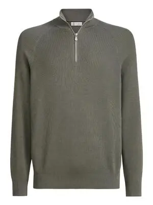 Brunello Cucinelli High Neck Knitted Jumper With Zipper Closure - Khaki