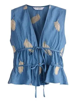 PAISIE Leaf Embroidered Tie-front Waistcoat - Blue