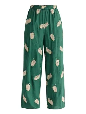 PAISIE Leaf Embroidered Wide Leg Trousers - Green