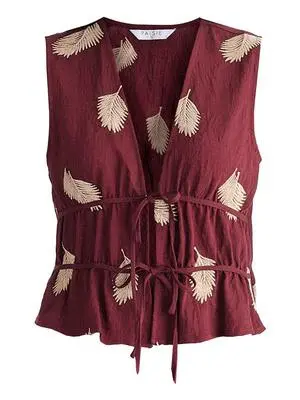 PAISIE Leaf Embroidered Tie Front Waistcoat - Red