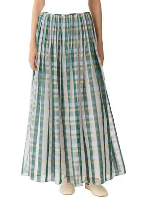 Lafayette 148 New York Hand Pintucked Plaid Cotton Silk Maxi Skirt - Grass Multi