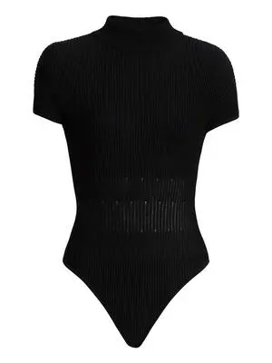 Balmain Ribbed Knit High Neck Short Sleeve Bodysuit - Black