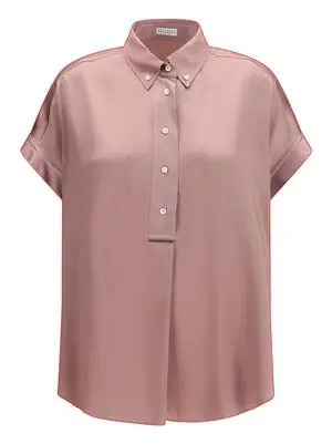 Brunello Cucinelli Short Sleeve Silk Shirt With Jewel Detail - Pink