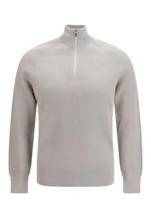 Brunello Cucinelli Ribbed Cotton High Neck Quarter-zip Sweater - Beige