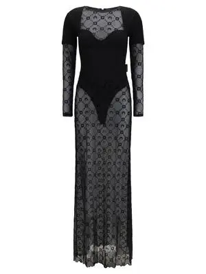 MARINE SERRE Layered Long Dress In Jersey And Mesh - Black