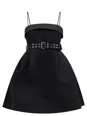 GANNI Short Satin Dress With Full Skirt And Belt - Black