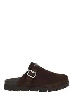 Prada Suede Mules With Metal Triangle Logo - Brown