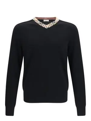 Burberry Check Trim V-neck Wool Sweater - Black