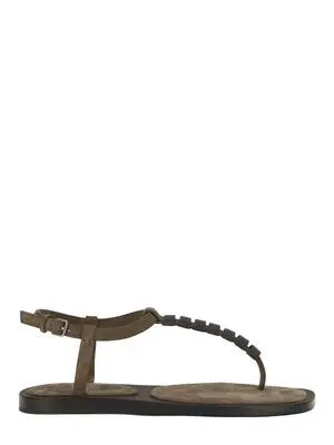 Brunello Cucinelli Embellished Calfskin T-strap Sandals - Brown