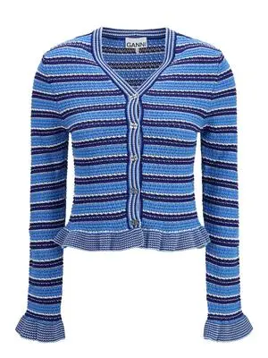 GANNI Ganni Striped Crochet Cardigan Light Blue