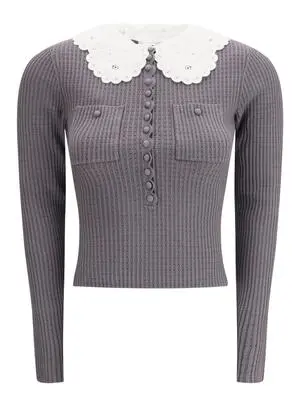 SELF-PORTRAIT Lace Collar Knit Top - Grey