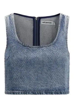 SELF-PORTRAIT Rhinestone Embellished Denim Crop Top - Blue