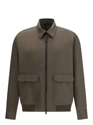 Brioni Wool Jacket With Shirt Collar And Zip-up Closure - Khaki