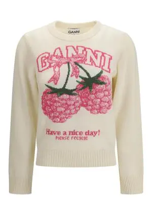 GANNI Crewneck Sweater With Raspberry Print - Cream