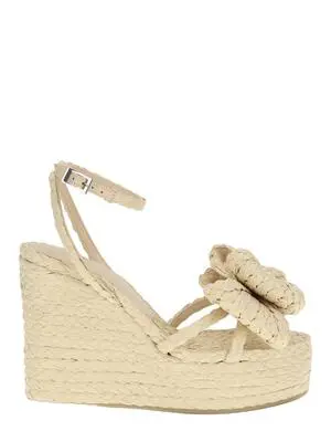 Mach & Mach Le Cadeau Raffia Wedge Sandals With Bow Detail - Beige