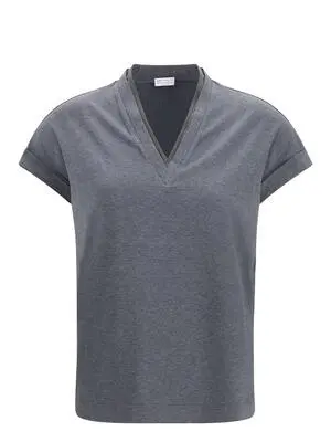 Brunello Cucinelli Cotton T-shirt With Jewel Embellishment - Grey