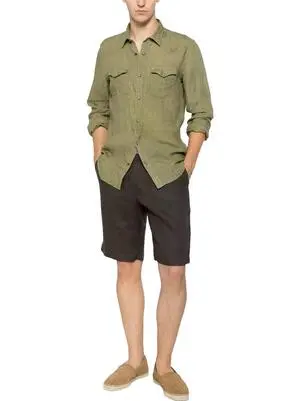 ALLEY DOCKS 963 Chocolate Linen Drawstring Waist Pleated Shorts - Brown