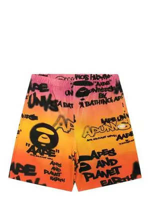 AAPE BY *A BATHING APE Graffiti Print Cotton Shorts - Orange