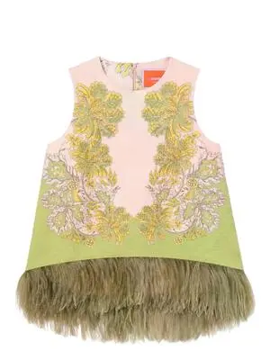 La DoubleJ Swathe" Botanical Print Cotton Top With Feather Trim - Green