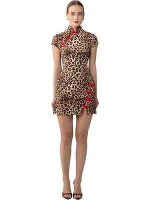 SAU LEE Print Mandarin Collar Mini Dress - Leopard