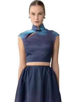 SAU LEE Mai Mandarin Collar Knot Detail Cropped Satin Top - Blue Multi