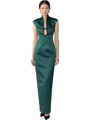 SAU LEE Leana Satin Gown With Mandarin Collar - Emerald