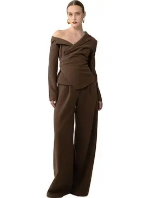 SAU LEE Neve Wool Blend Wide Leg Tailored Trousers - Espresso
