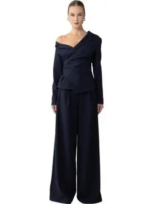 SAU LEE Neve Wool Blend Wide-leg Tailored Pants - Midnight Blue